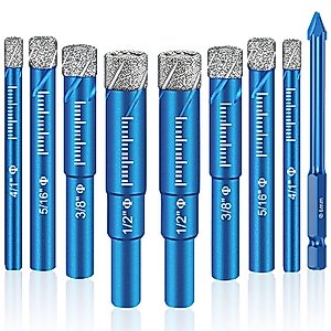 9 Pack Premium Diamond Drill Bit Set - Versatile Tools for Precise Drilling on Porcelain, Ceramic, Glass, Marble, and More