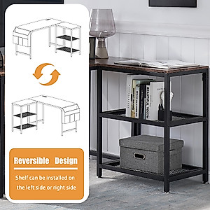 VECELO L Shaped Computer Desk with Storage Bag & Reversible Shelves, 47" PC Wooden Table for Home Office Bedroom, Writing Study Workstation with Metal Frame, Brown