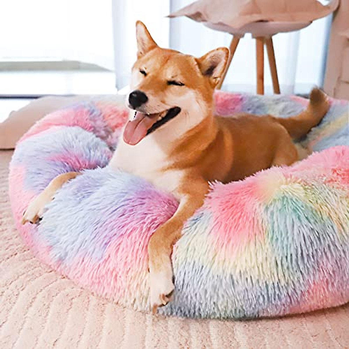 Patas Lague Calming Donut Dog Bed Cat Bed for Small Medium Large Dogs and Cats Anti-Anxiety Plush Soft and Cozy Cat Bed Warming Pet Bed for Winter and Fall (20 in, Mixed Rainbow)