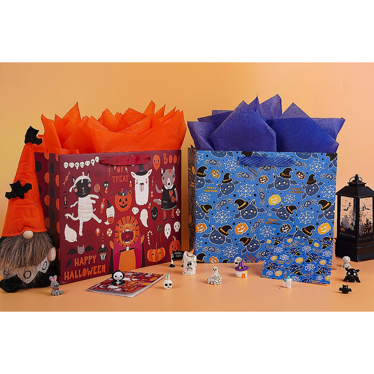 JWSCYSY 2Pack 12.6" Large Happy Halloween Bags with Card and Tissue Paper, Trick or Treat Paper Gift Bags for Kids Holloween Party Favor.