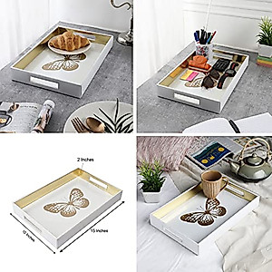 Zvasti Faux Leather Butterfly Printed Tray. White Faux Leather Trays for Coffee Table. Rectangle Tray with Handles