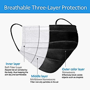 Pack of 50 Disposable Face Mask 3-Ply Breathable & Comfortable Safety Mask, Protective Masks for Indoor and Outdoor - Individually Wrapped (Black Mask)