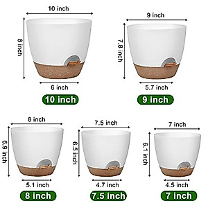 QRRICA Plant Pots 10/9/8/7.5/7 Inch Self Watering Pots, Set of 5 Plastic Planters with Drainage Holes and Saucers,Plastic Flower Pots,Nursery Planting Pot for Indoor Out Door Plants（White）