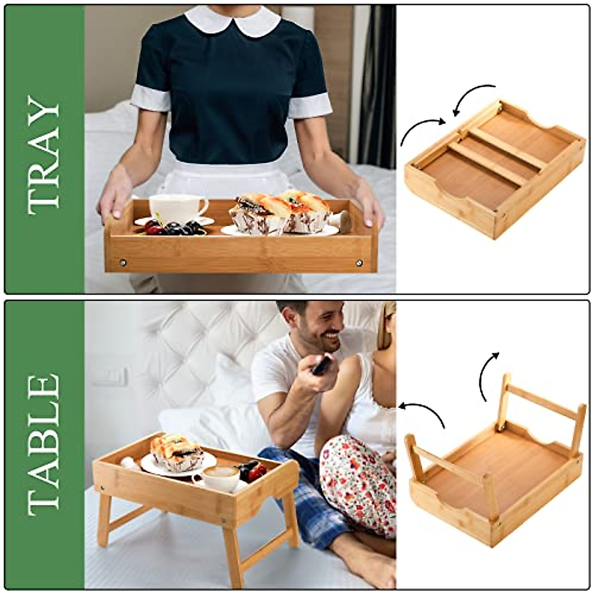Lawei 2 Pack Bamboo Bed Tray Table with Foldable Legs, Portable Lap Tray Table for Serving Breakfast in Bed, Food Snack Tray for Bed, Sofa, Outdoor, Working, Eating, Drawing, Ideal for Kids, Adult