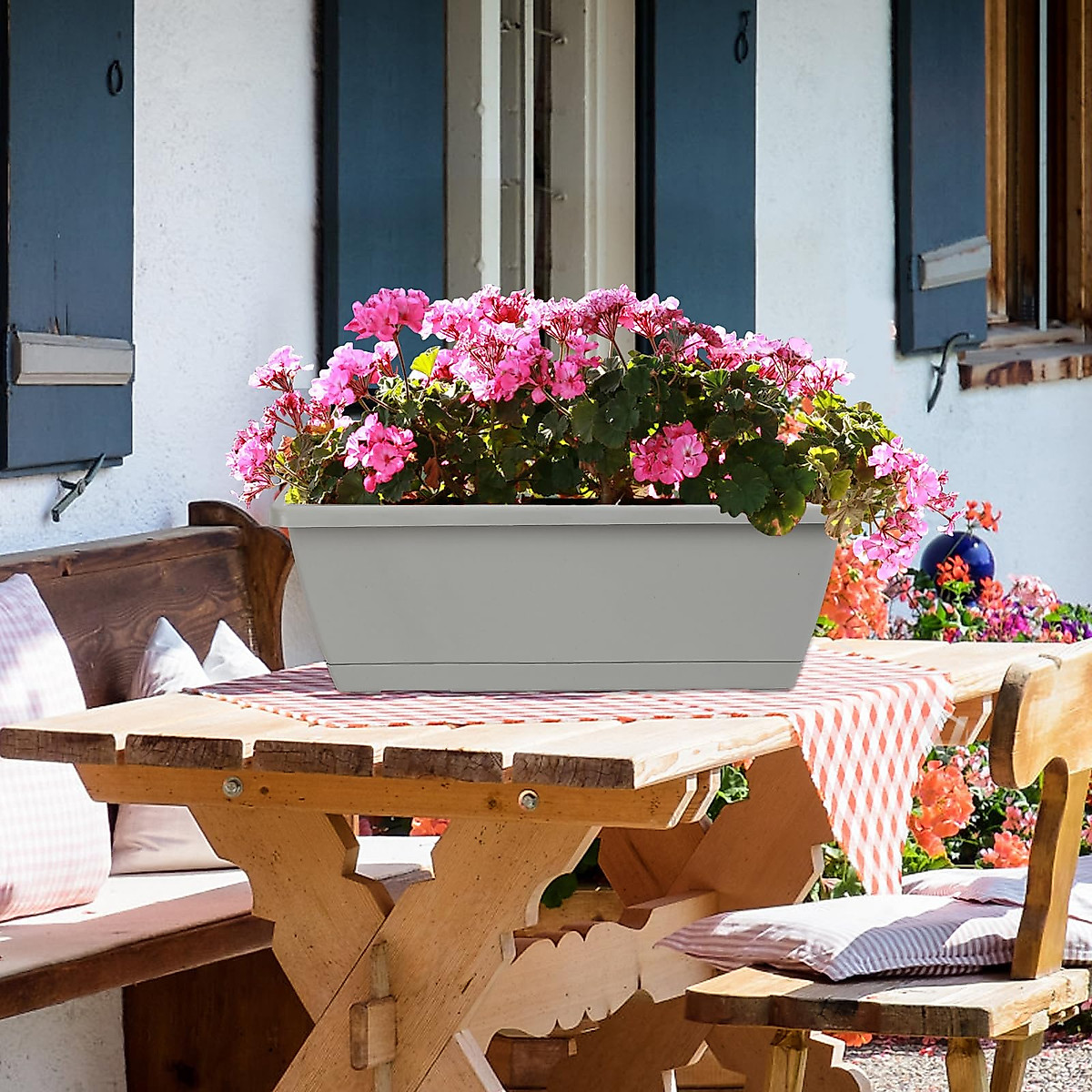 Lysjtsr 12Pcs 17Inches Rectangle Planter Box with Drainage Holes and Trays Plastic Planters Flower Boxes Pots for Indoor Outdoor Plants Patio Garden Home Decor Porch Yard (Gray)