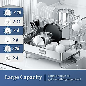 Kitsure Dish Drying Rack, 2-Tier Dish Rack for Kitchen Counter with Large Capacity, Rustproof Dish Drying Rack with Drainboard, Multifunctional Kitchen Drying Rack