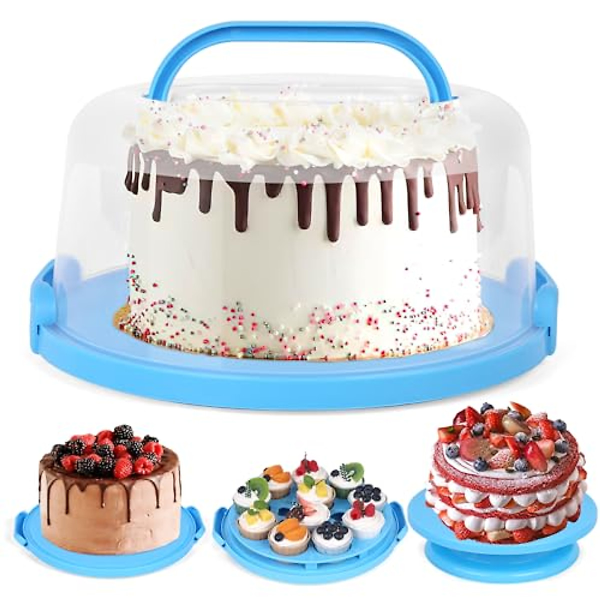 JOHOUSE Round Cake Carrier with Lid, Blue Cake Holder Cupcake Container with Dome for 11 Cupcakes 2 in 1 Portable Dessert Container for Cake Pie Muffin Cobbler