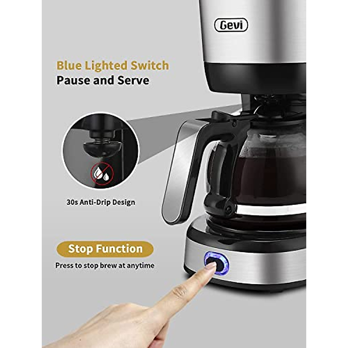 Gevi 4-Cup Coffee Maker with Auto-Shut Off, Small Drip Coffeemaker Compact Coffee Pot Brewer Machine with Cone Filter, Glass Carafe and Hot Plate, Stainless Steel Finish