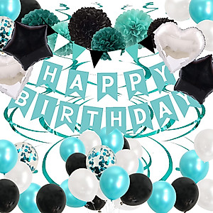 Blue Birthday Decorations for Women- Black Teal Turquoise White Birthday Balloons with Happy Banner Pom Poms Decor(Turquoise Green)