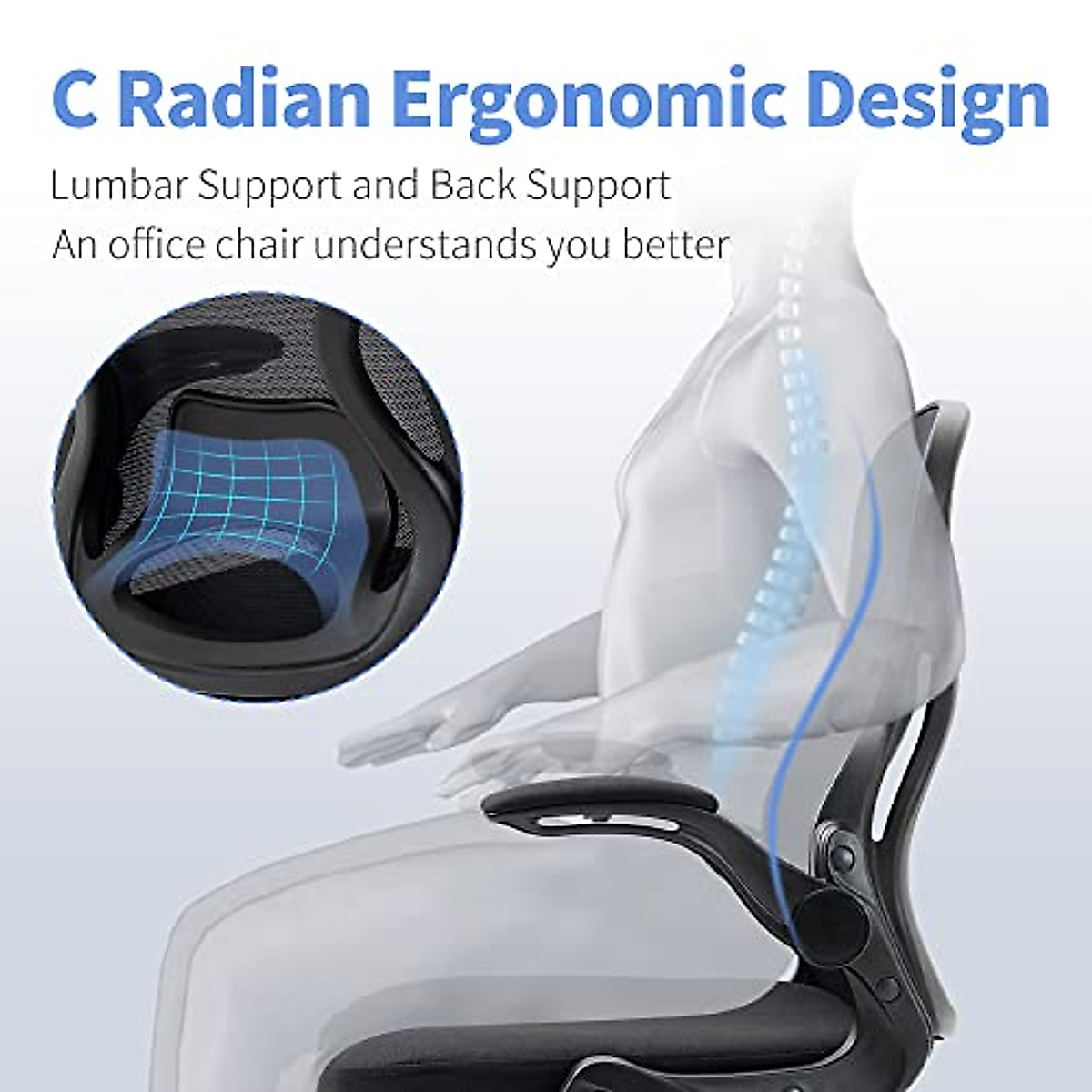 HOMEFUN Desk Chair with Wheels, Black Office Chair, Ergonomic Mesh Rolling Chair with Flip-up Armrests and Lumbar Support, Swivel Task Computer Chair