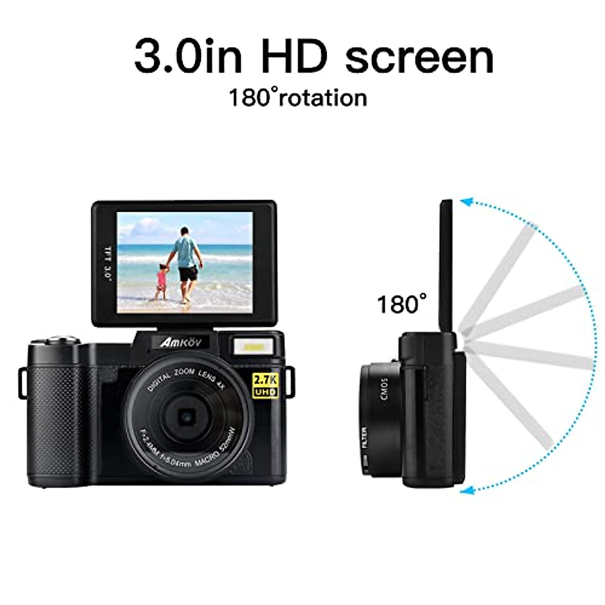 wendeekun 2.7K Digital Camera, 48MP High Definition DSLR Camera, 3.0 Inch TFT Color LCD Screen, 180 Degree Rotation, with Automatic Flash, USB Charging, Support Up to 128GB Memory Card