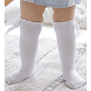 Maorrew 2 Pack Baby Girls Knee High Socks Bow Long Stockings Infants Toddlers Cotton Ruffled Uniform Leggings White 2 Pack 3-5T