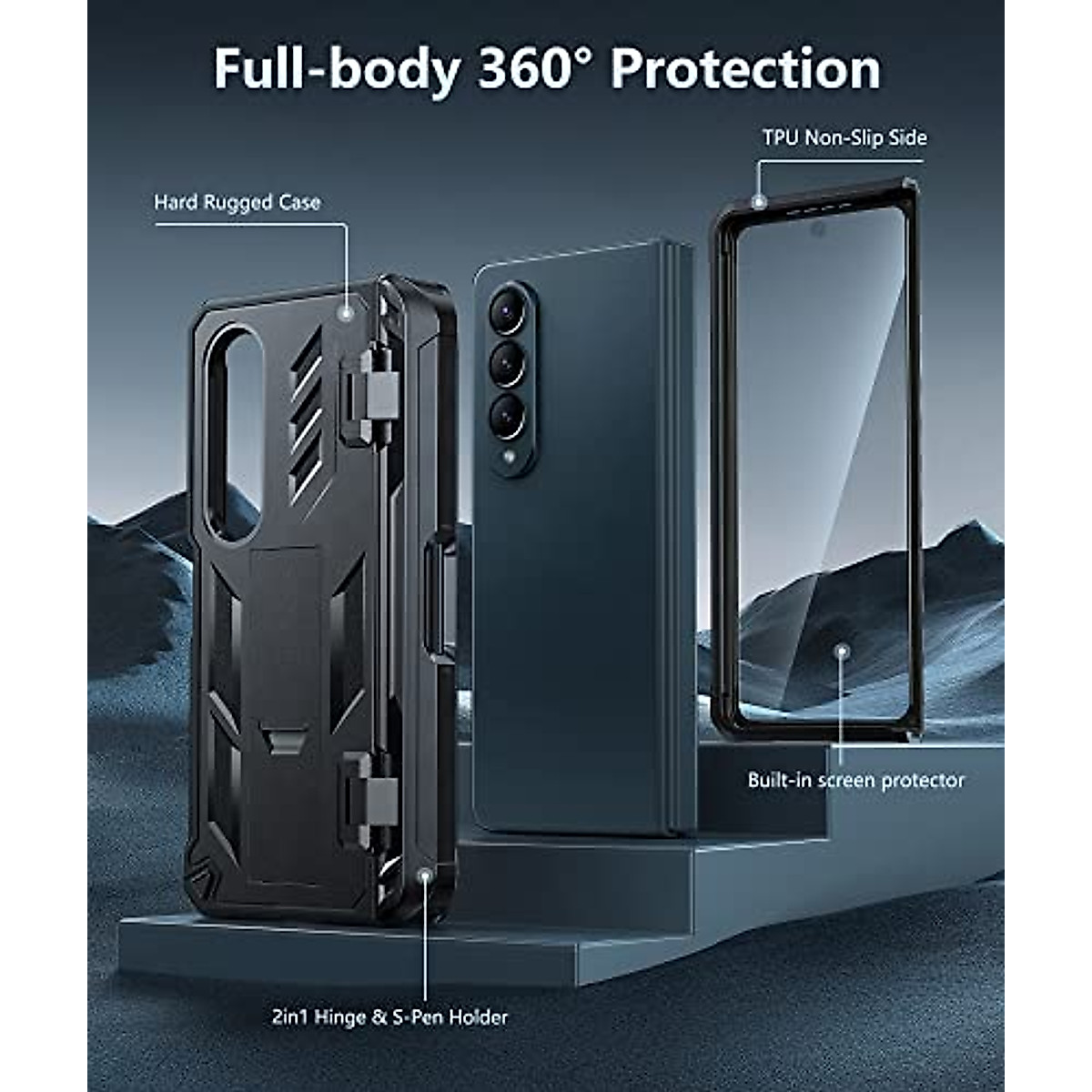 FNTCASE for Samsung Galaxy Z-Fold-4 Case: Military Grade Hinge Protection S-Pen Holder & Kickstand Rugged Shockproof 360 Full Protective Phone Cover for ZFold 4 2022 (Black)