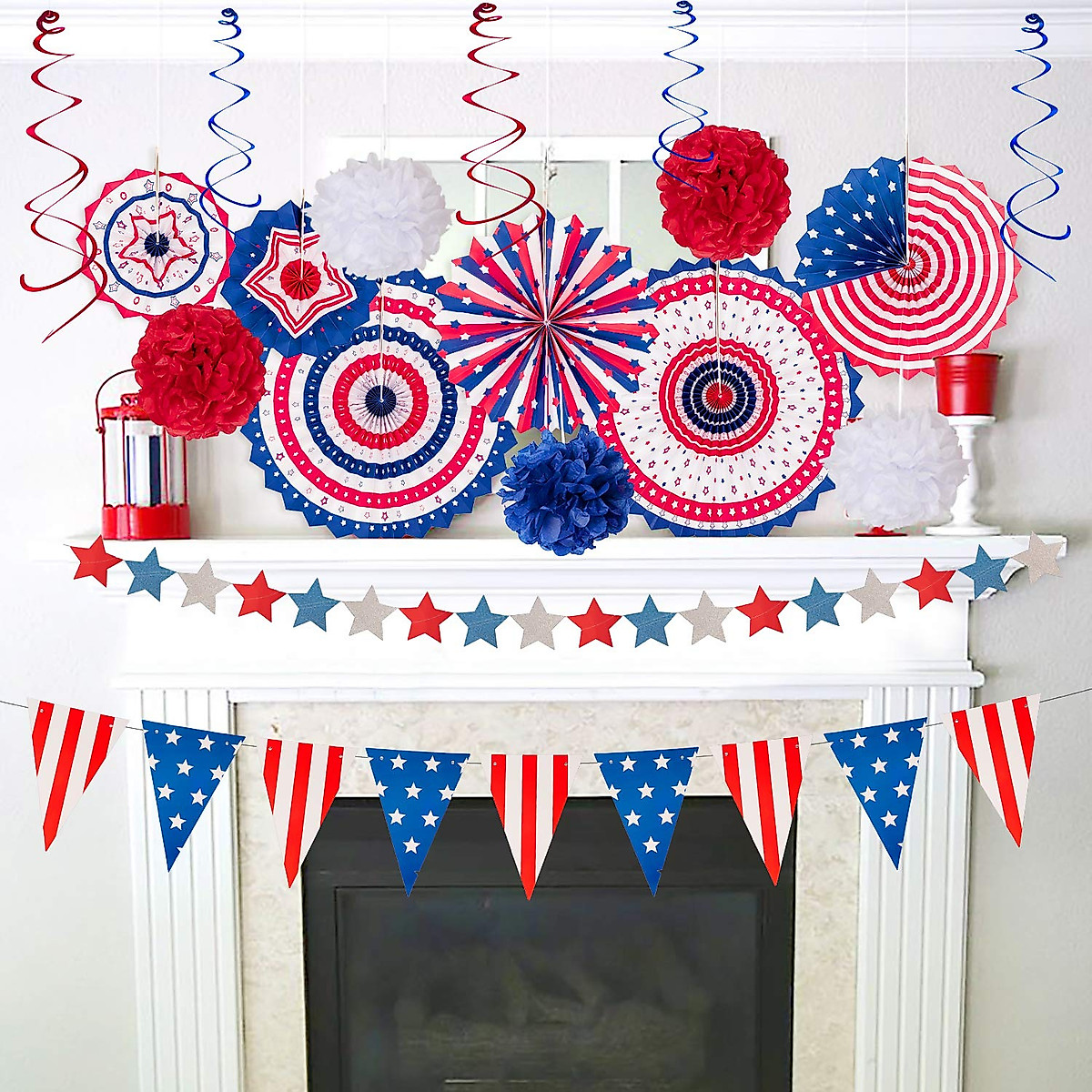 29PCS 4th/Fourth of July Patriotic Decorations Set - Red White Blue Paper Fans,USA Flag Pennant,Star Streamer,Pom Poms,Hanging Swirls Party Decor Supplies