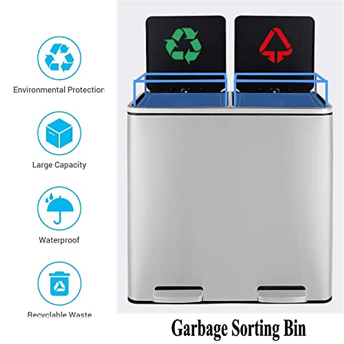 Increkid Dual Trash Can, 16 Gal Stainless Steel Rubbish Bin, Large Garbage Cans for Kitchen with Recycling Bin, Recycle Dustbin w/Removable Inner Buckets, Soft-close and Airtight Lid, Handles, 60L (Silver)