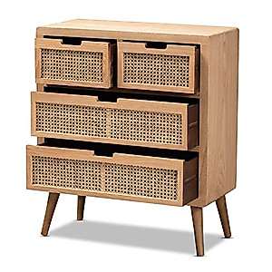 Baxton Studio Alina Medium Oak Finished Wood and Rattan 4-Drawer Accent Chest