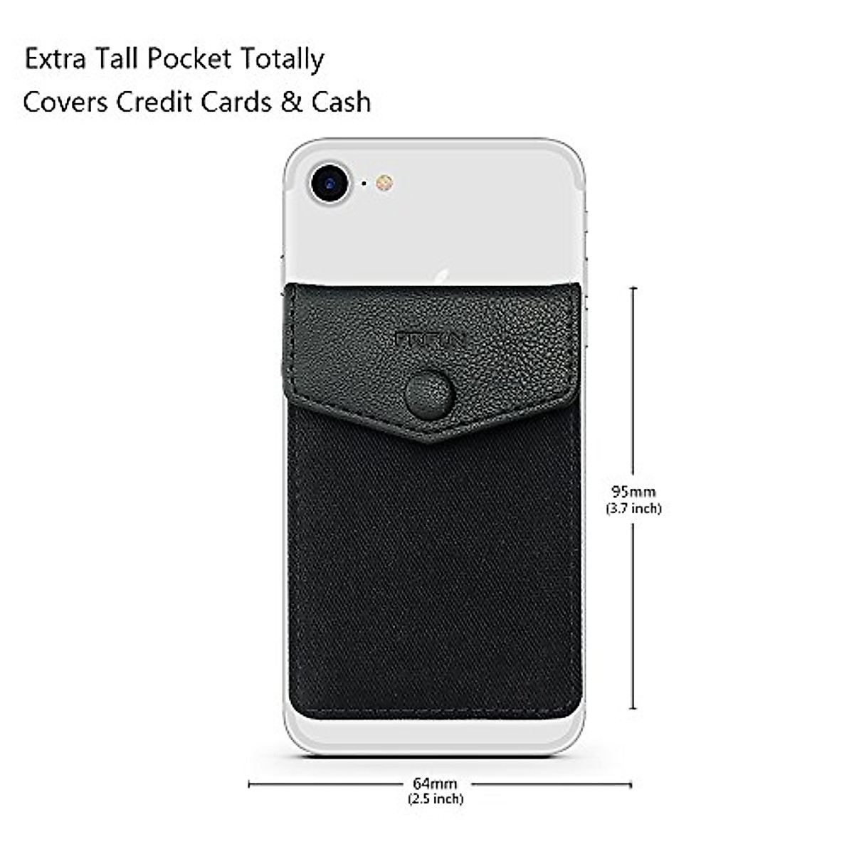 FRIFUN Card Holder for Back of Phone with snap Ultra-Slim Self Adhesive Phone Wallet Stick on Cell Phone Android All Smartphones RFID Blocking Sleeve Covers Credit Cards and Cash (Black)