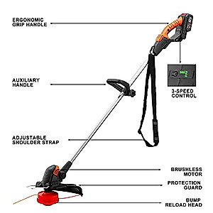 42V Brushless Weed Wacker 12" String Trimmer, Electric Weed Eater Brush Cutter, 3-in-1 Grass Edger Lawn Tool with Metal Blades and Shoulder Strap, 6Ah Li-Ion Battery Powered for Garden Yard Pruning