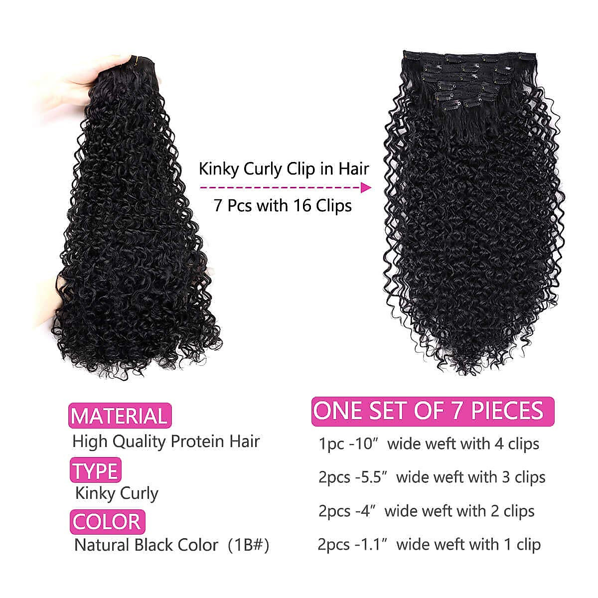 BHF 26 inch Kinky Curly Clip In Hair Extensions, Double Weft Full Head Japanese Heat Resistance Fiber 140g Synthetic Curly Hair Extensions For Women 7pieces (#1B)