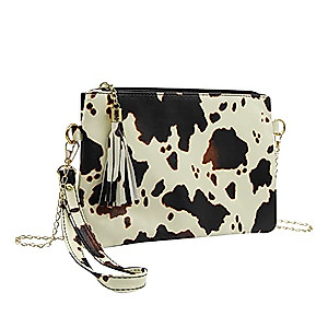 JUMISEE Women Cow Print Wristlet Clutch Purse Fashion Tassel Crossbody Bag with Chain Strap