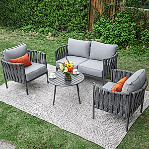 COMLAX FIELD 4 Pieces Patio Furniture Sets, Modern Patio Conversation Set, Outdoor Furniture Set with Table, Metal Patio Furniture Set with Removable, Washable and Thicken Cushions, Grey