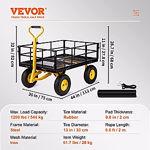 VEVOR Steel Garden Cart, Heavy Duty 1200 lbs Capacity, with Removable Mesh Sides to Convert into Flatbed, Utility Metal Wagon with 2-in-1 Handle and 13 in Tires, Perfect for Garden, Farm, Yard