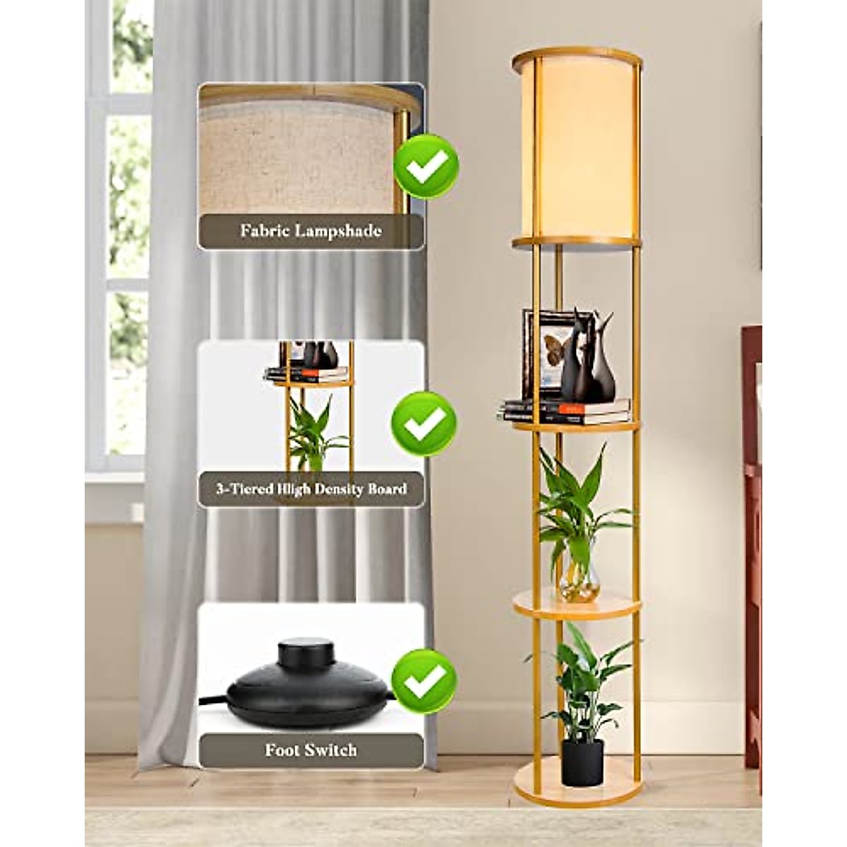 Floor Lamp with Big Shelves,3-Tier Golden Cylinder Shelf Floor Lamps with 3000K Warm Soft Brightness E26 LED Bulb (Included), Linen Shade Storage Wood Texture Modern Floor Lamp with Foot switch