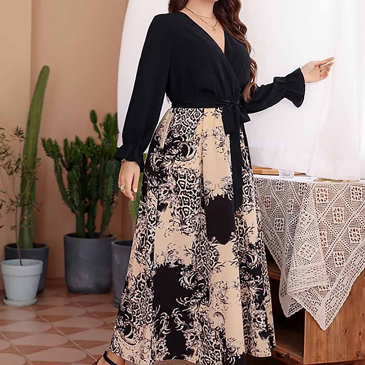 Cnebo Business Dresses for Women Women's Plus Size Spring and Summer V Neck Floral Print Decoration Ruffled Long Sleeved Solid