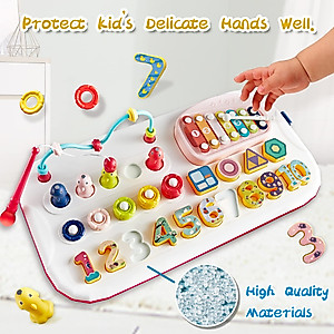 Educational Toys Learning Montessori for Kids,7 in 1 Puzzles Number Shape Sorter Counting Stacker with Number Blocks,Xylophone, Fishing Game for Toddler, Gift for3 4 5 6Year Old Boys Girls（Red）