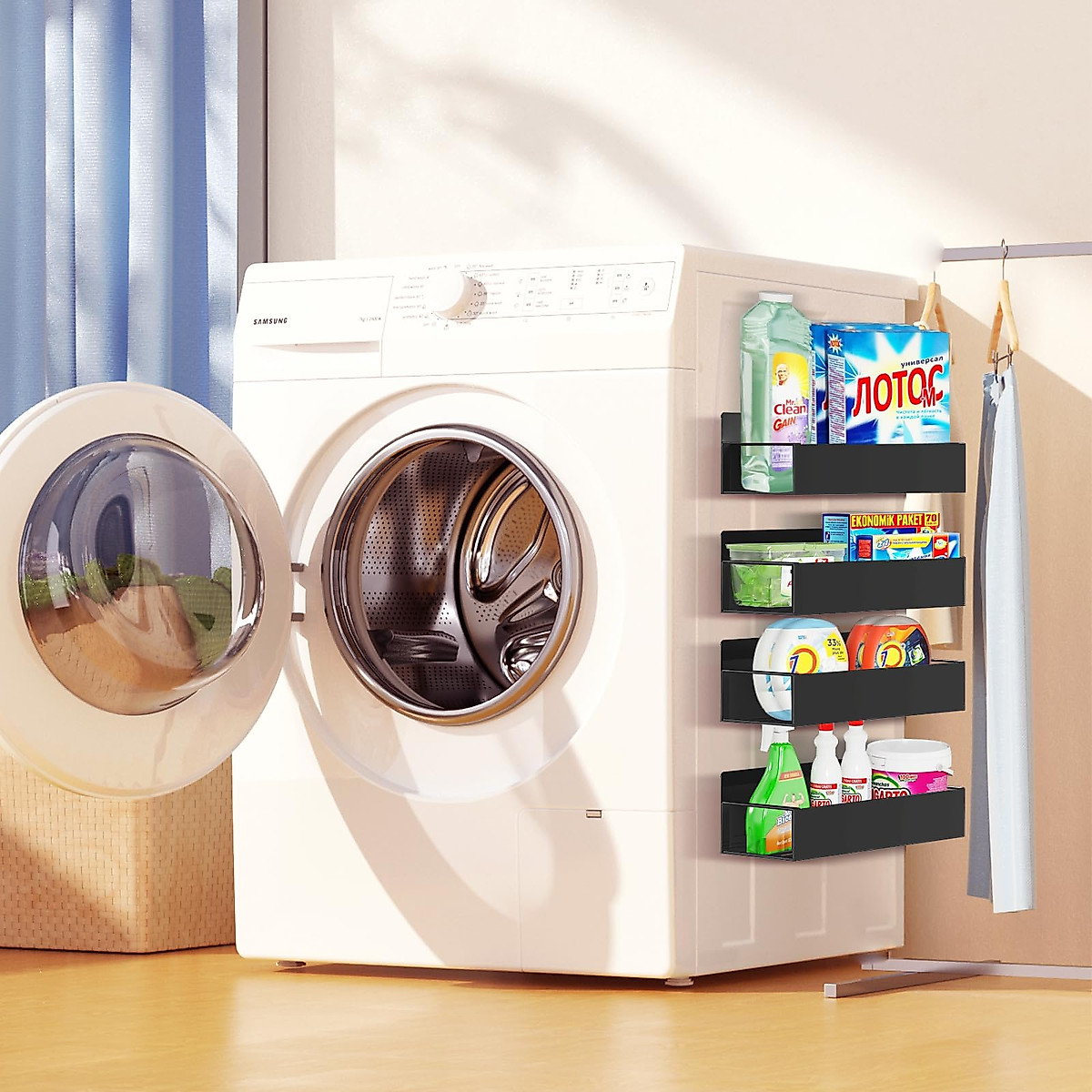 SMRCAD Magnetic Spice Rack Organizer for Fridge Seasoning Organizer for Kitchen storage with Screw or Adhesive Hanging,Magnetic Shelf with Hook for Refrigerator and Oven (Black, 6pack)