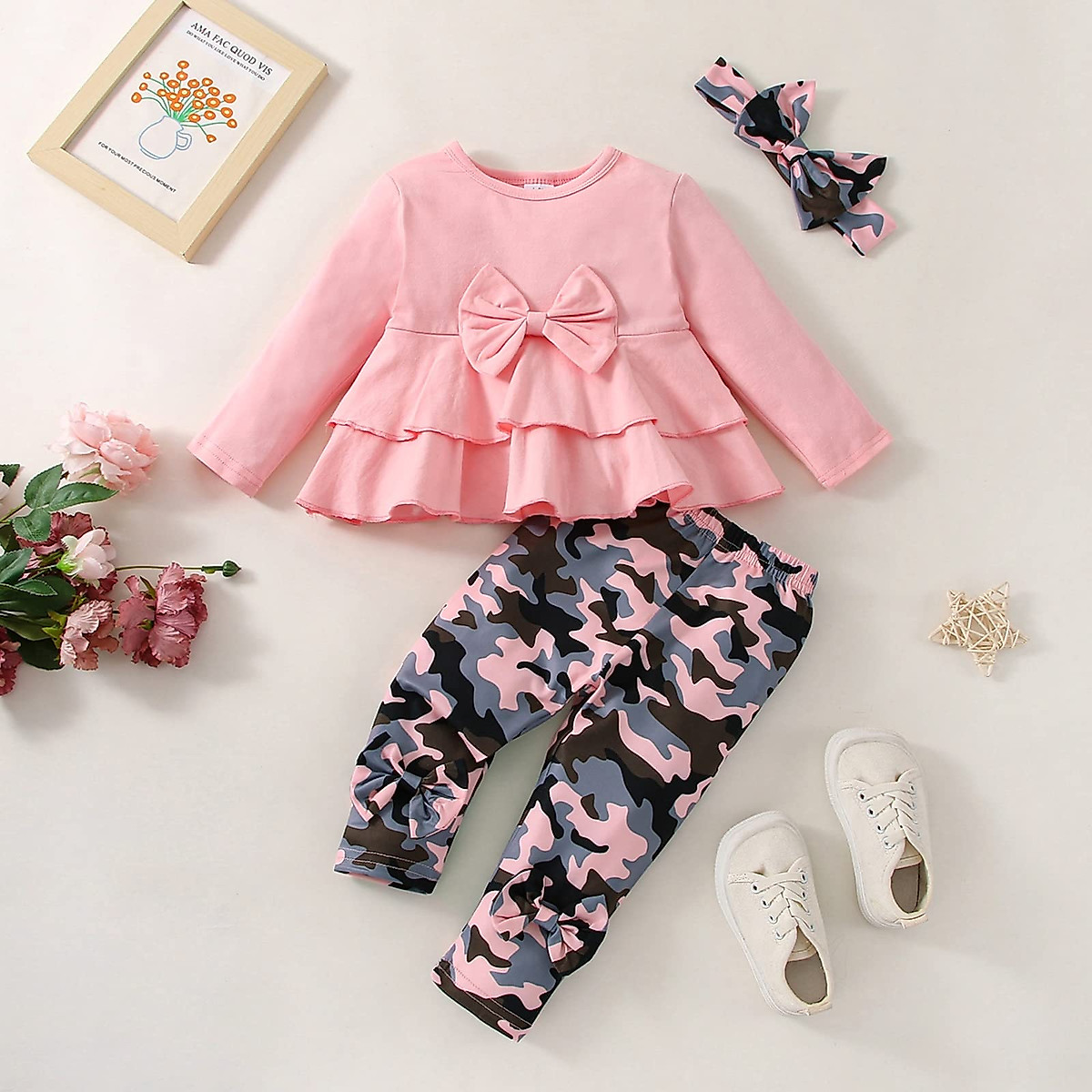 FOCUTEBB Baby Girl Clothes 12-18 Months Infant Girl Sweatshirt Outfits Fall Winter Outfits Long Sleeve Ruffle Tops Camo Pants Sets Headband Pink 12 18 Months
