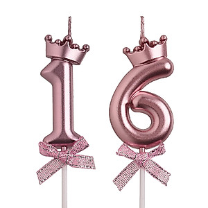 AOOLADA 16th Birthday Candles, Rose Gold 3D Number 16 Happy Birthday Candle with Crown, Cake Topper Decorations for Teenagers Boys Girls