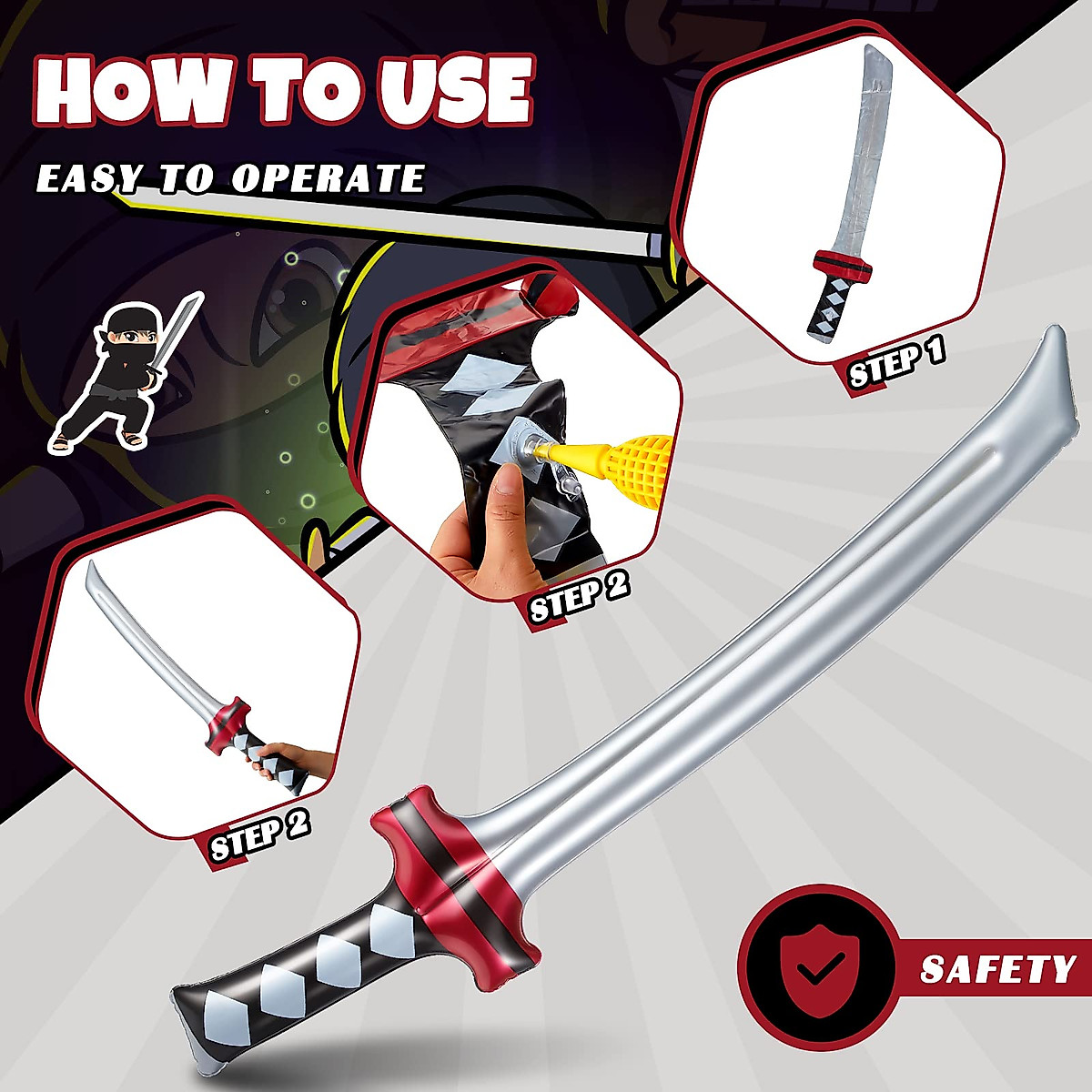 Deekin 24 Pcs Inflatable Ninja Samurai Sword Inflatable Ninja Swords Inflated Katana Sword Toy Blow up Samurai Sword Toy Costume Accessories for Girls and Boys Birthday Ninja Theme Party