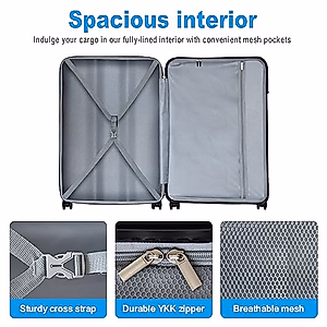 KEYTANG Explorer Light Weight Luggage Hardside Expandable Luggage Spinner Wheels Luggage Suitcase W/TSA Lock 3-Piece Luggage Set, Include 20" Carry on Luggage Suitecase (20in/24in/28in), Grey