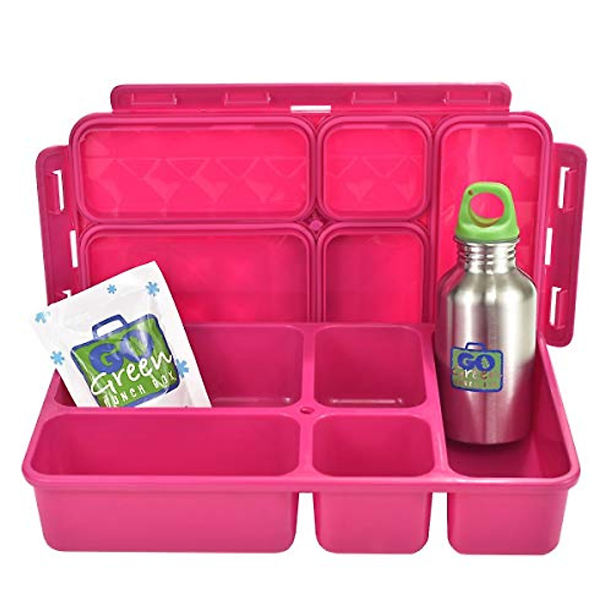 Go Green Lunch Box Lunch Box Set With 5 Compartment Leak-Proof Bento Lunch Box, Insulated Carrying Bag, Beverage Bottle, and Gel Freezer Pack Adults and Kids Unicorn Blue Pink (Magical Sky)