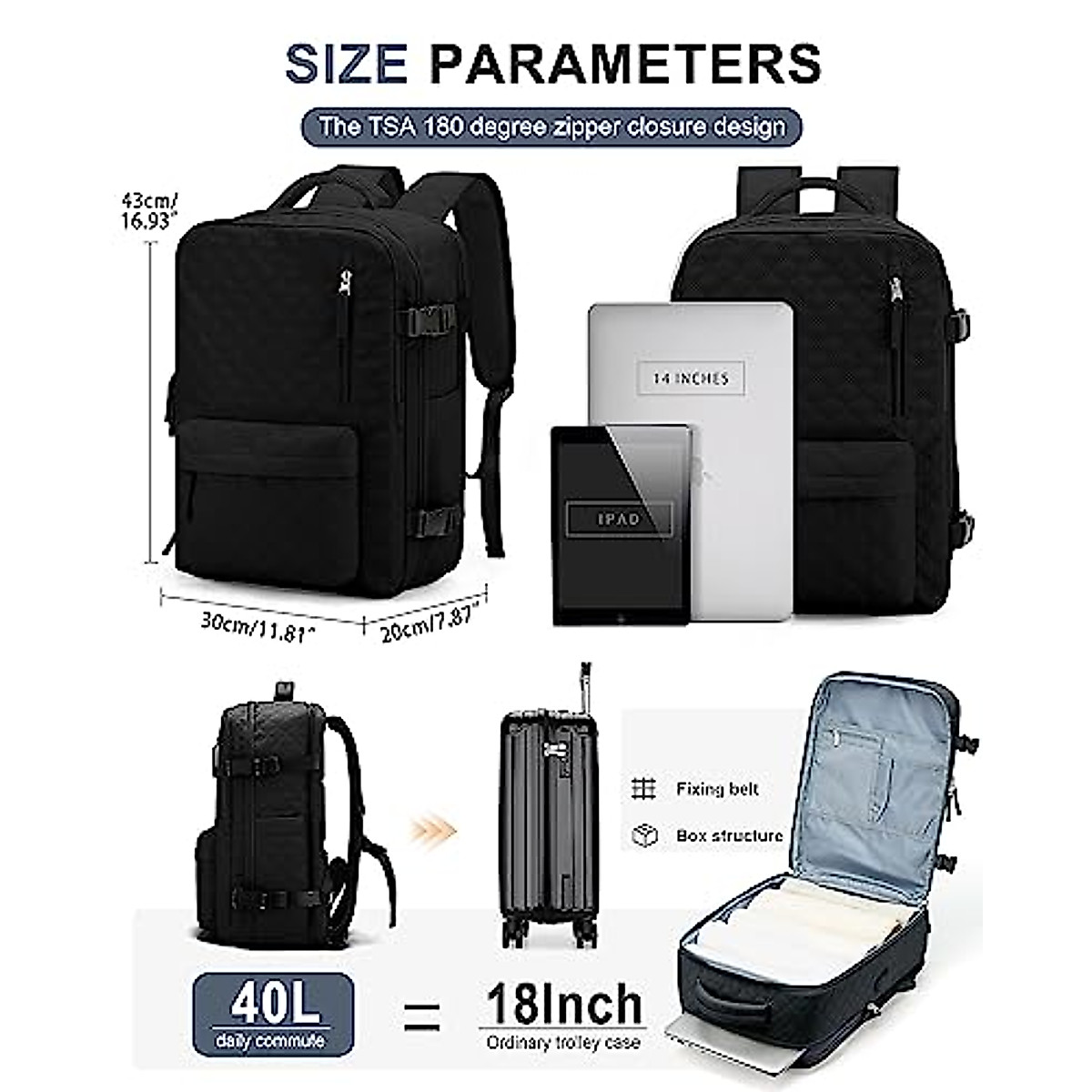 Travel Carry On Backpack for Women, Waterproof Laptop Backpack for Traveling on Airplane Hiking Gym Backpack with USB Charging Port Shoe Compartment, Black