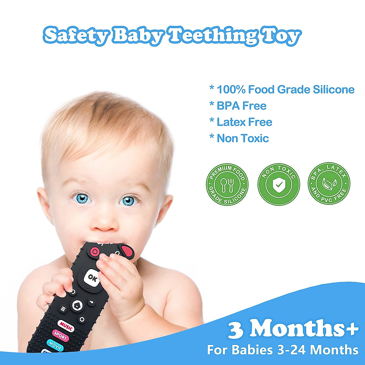 ROBBEAR Baby Teething Toys, Food Grade Silicone Teethers for Babies 3 6 12 18 Months, Fire TV Remote Shape Infant Chew Toys for Boys and Girls, Freezer BPA Free (Pig Black + RTV Black)