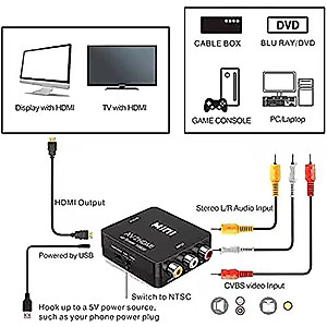 RCA to HDMI, AV to HDMI,Meekwds 1080P Mini RCA Composite CVBS AV to HDMI Video Audio Converter Supporting PAL/NTSC with USB Charge Cable for PC Laptop Xbox Wii PS2 PS4 PS3 TV STB VHS VCR Camera DVD