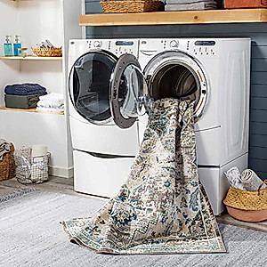 Hauteloom Cabacungan Traditional Persian Medallion Living Room Bedroom Area Rug - Machine Washable Distressed Carpet - Bohemian Oriental - Easy to Clean - Blue, Grey, Beige - 6'7" x 9'