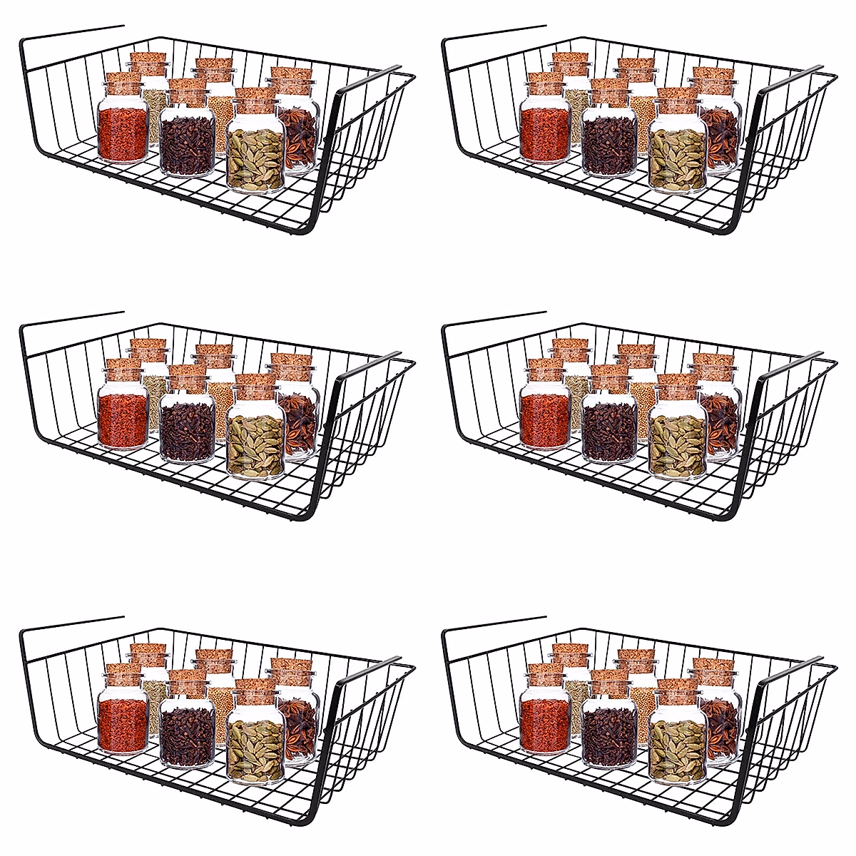 HOMOKUS Under Shelf Baskets for Storage, Under Shelf Wire Basket Carbon Steel Basket Under Cabinet Shelf, Welding Joints, Baking Finish, Easy to Install without Holes, 6 PCS, Black