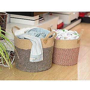 Douup Cotton Hemp Rope Basket Storage with Handles, Woven Laundry Basket, Natural Cotton Woven Storage Basket for Diapers, Nursery, Toys, Towels (13.7Inchx 11.8Inch),Brown