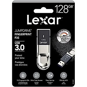 Lexar Jumpdrive Fingerprint F35 128 GB USB 3.0 Flash Drive, Black/Silver (LJDF35-128BNL)