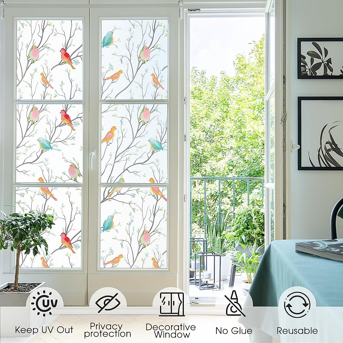 Coavas Window Privacy Film Decorative Bird Stained Glass Window Film Bathroom Frosted Glass Window Cling Privacy Film Heat Blocking Static Cling Day and Night Home Door Window Coverings 17.5" x 78.7"