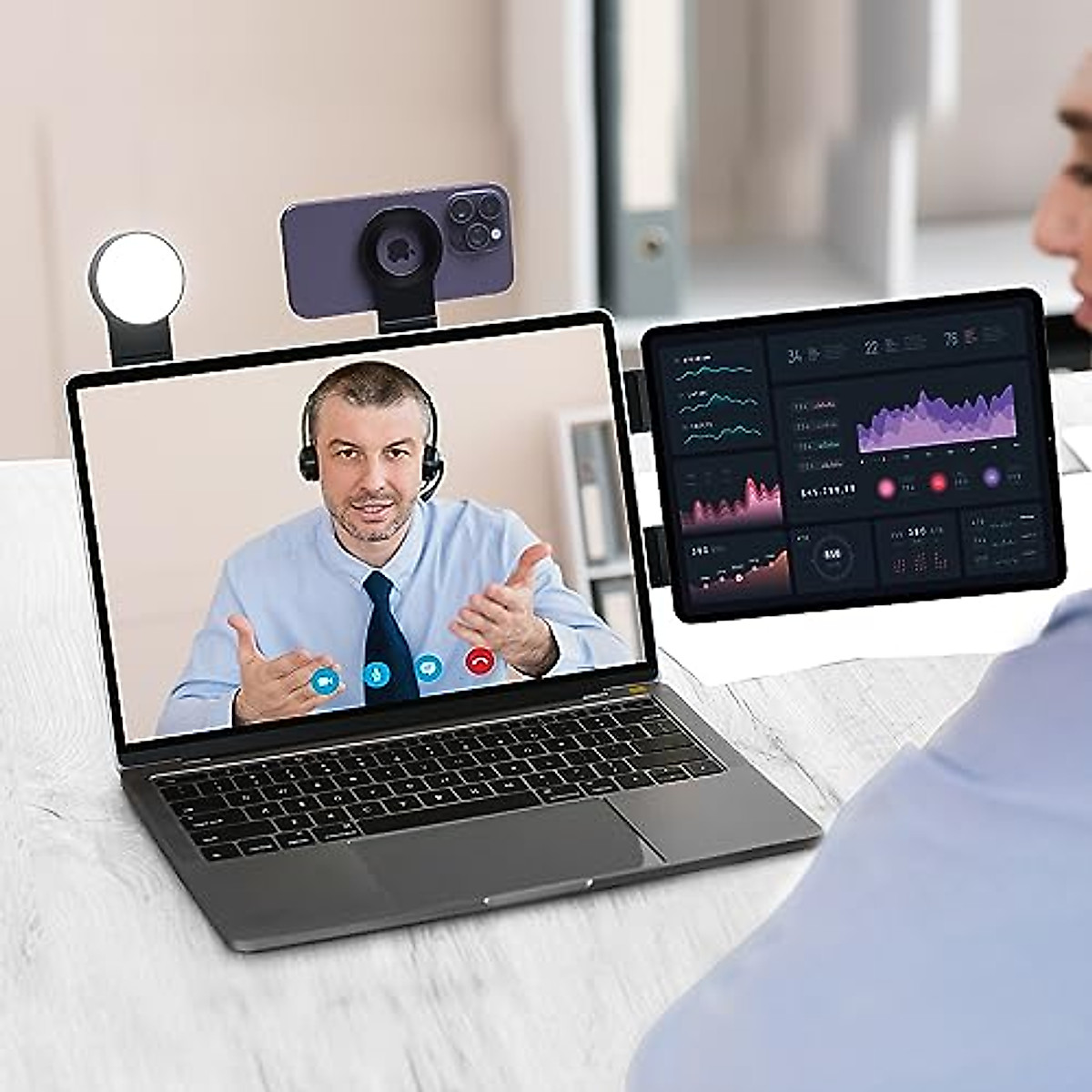 imluckies Detachable Magnetic Phone Holder for Laptop, Foldable Desktop Monitor Side Phone Mount, Adjustable Slim Portable Modular Stand for Desk/Wall, Works with MagSafe iPhone & All Phones, Black