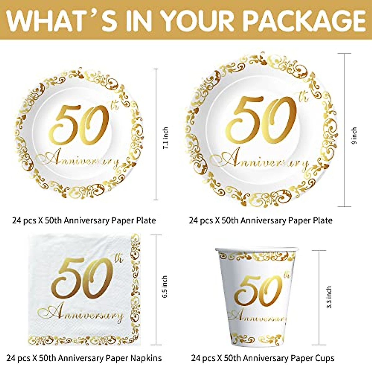 APOWBLS 50th Anniversary Decorations And Supplies Tableware - Golden 50th Wedding Anniversary Decorations, Plate, Cup, Napkin, Tablecloth, Cutlery, Straw, 50 Year Anniversary Party Supplies | Serve 24