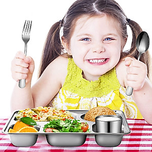 20 Pcs Stainless Steel Dinnerware Set, Including Stainless Steel Rectangular Divided Dinner Tray Spoons and Forks Set Silver Stainless Steel Cups and Stainless Steel Bowl for Home Kitchen Restaurant