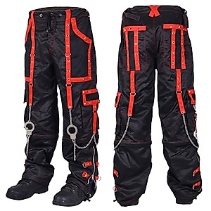 Gothic Men's Bondage Gothic Cyber Pant Chain Techno Rock Punk Shorts Trouser Pants/USA (36) Black/Red