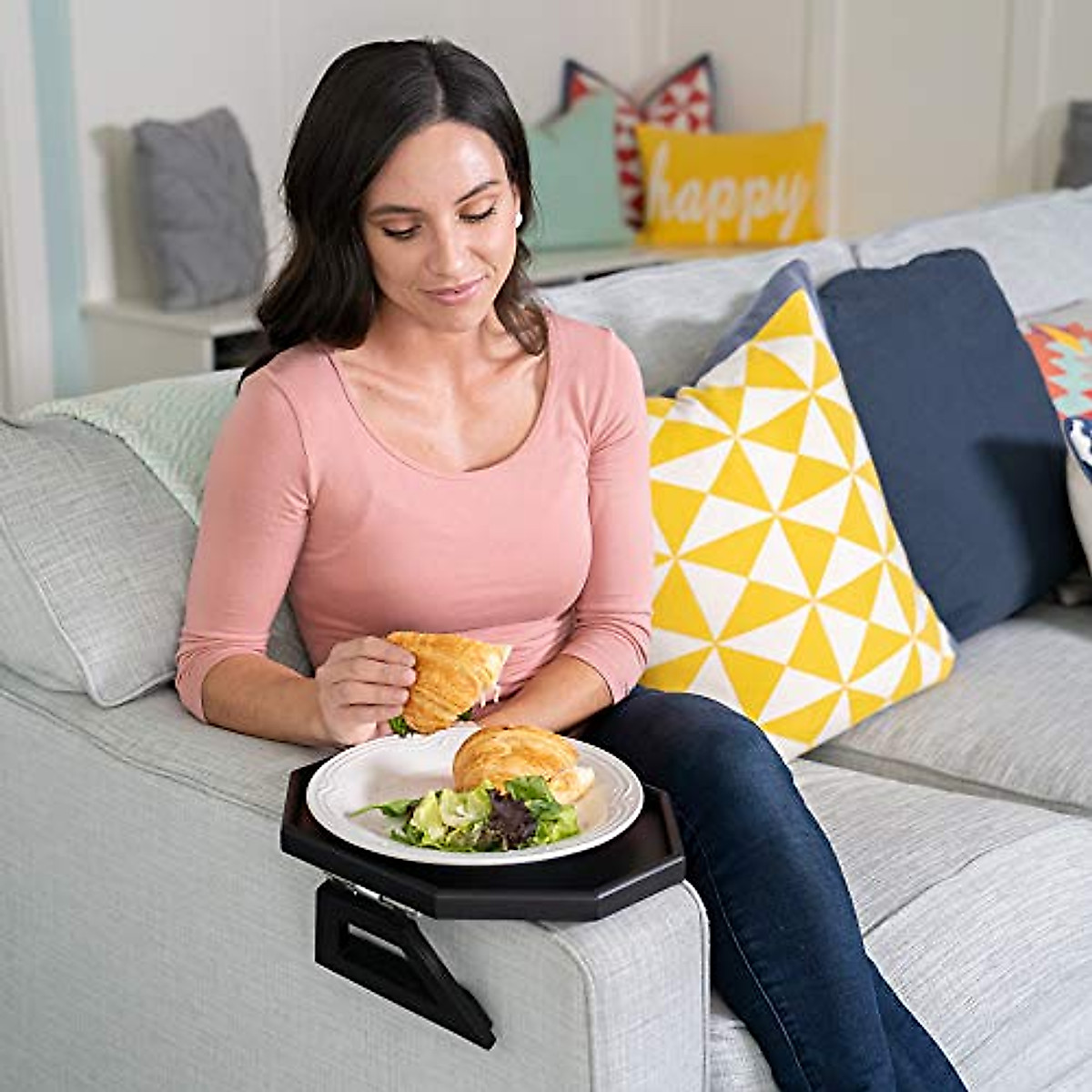 Clip On Tray Sofa Table for Wide Couches. Couch Arm Tray Table, Portable Table, TV Table and Side Tables for Small Spaces. Stable Sofa Arm Table for Eating and Drink Table (Black)