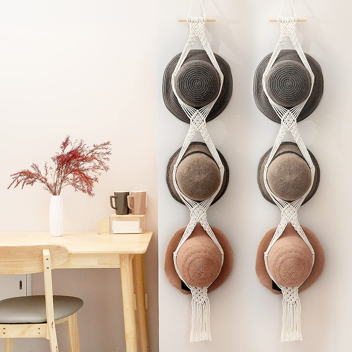 TOPMEET Macrame Hat Rack for Hanger Wall Display, Bohemian Hat Holder for Organizer Storage Decorative Wide Brim Cap - 2Pack White