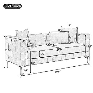 Livavege 80.7" Modern Sofas Living Room, Fabric Comfy Deep Seat Couch with Metal Legs and 2 Pillows, Removable Back and Thickened Soft Cushion, Furniture for Bedroom, Apartment, Office, 80", Grey